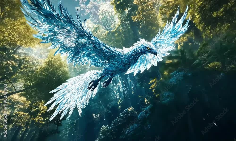 Majestic Blue Phoenix Rising Above Lush Green Forest in Enchanting ...