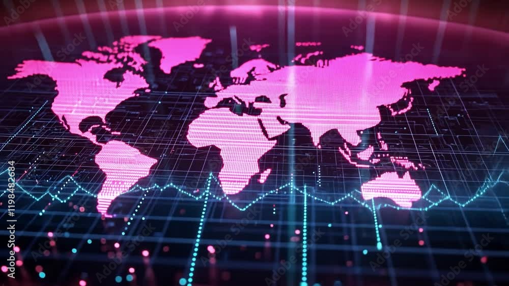Global Connectivity: A stylized world map pulses with vibrant pink and ...