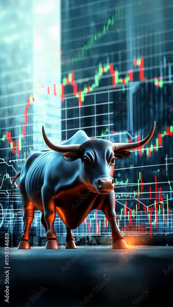 Bull stands on the stock market with rising charts and candlestick ...