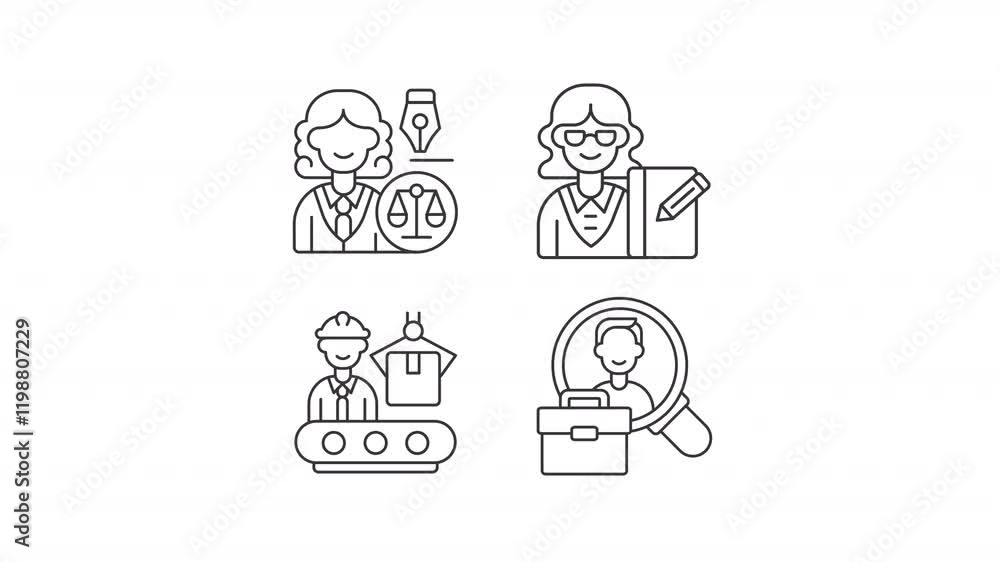 Company departments animation set. Business workflow animated line ...