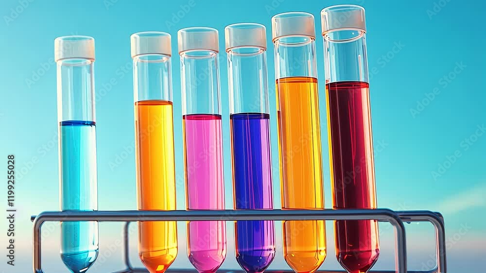 Colorful test tubes filled with liquids on a rack against a bright blue ...