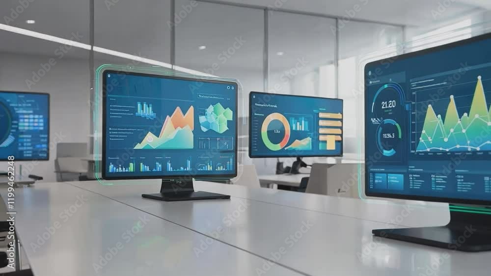 Data Driven Decisions: A row of computer monitors display colorful data ...