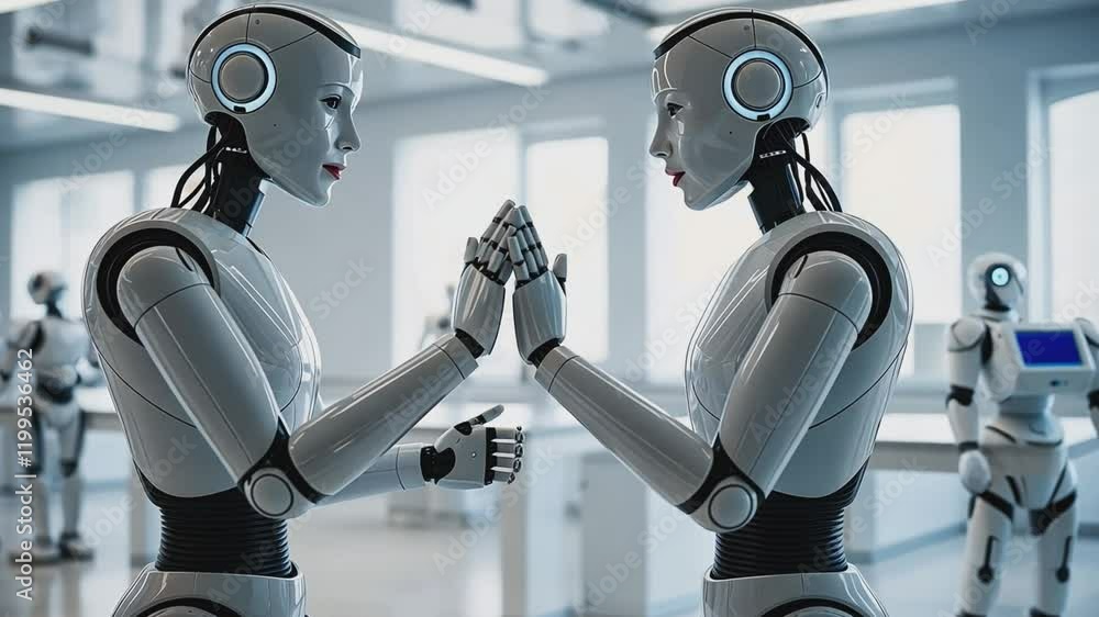 Humanoid Robots: A captivating image of two humanoid robots facing each other, their hands ...