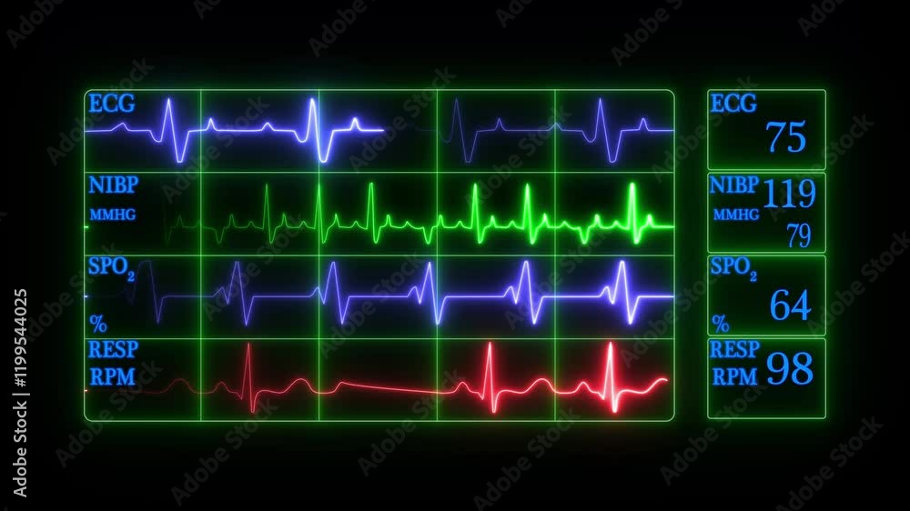 Monitoring of patient's condition ICU monitor in hospital with neon ...