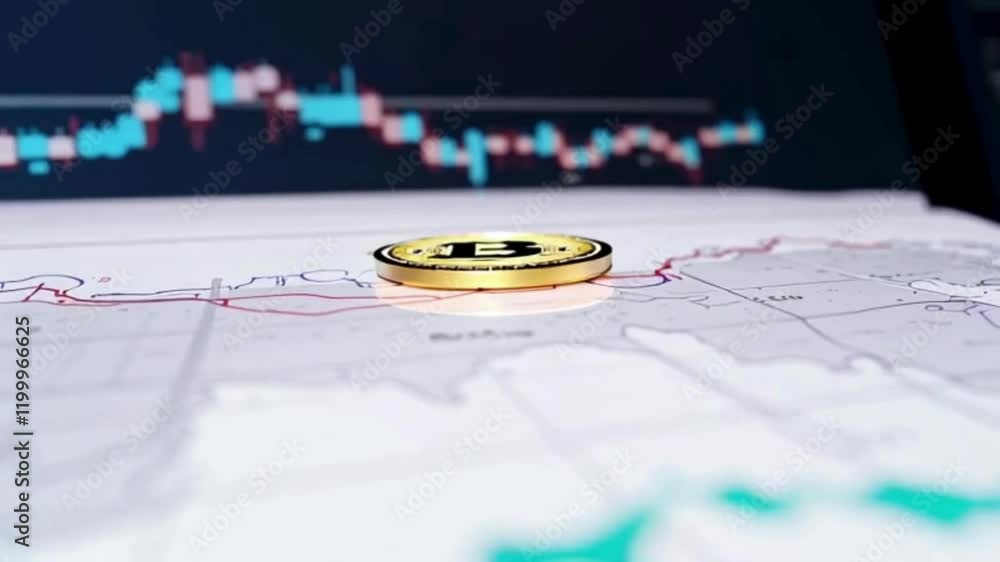 This cinematic videograph captures a Bitcoin placed on top of a world ...