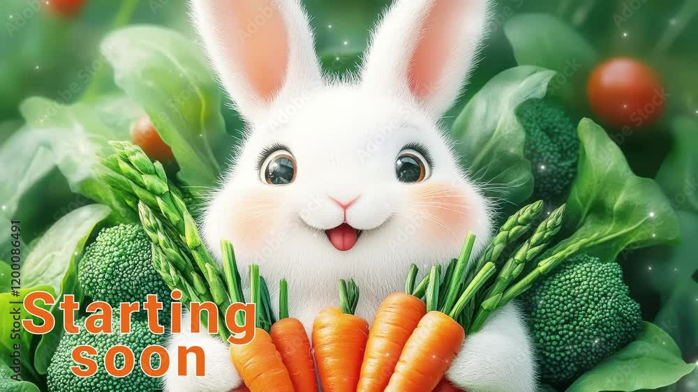 Cute rabbit showcases vibrant veggies in a lush setting. starting soon ...