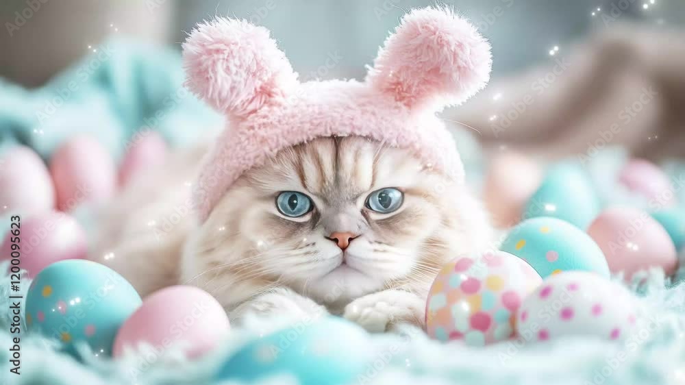 A grumpy British Shorthair cat lounges with pastel Easter eggs all ...