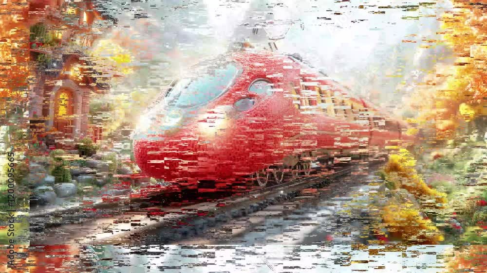 A charming train races past vibrant autumn trees on the tracks. glitch ...
