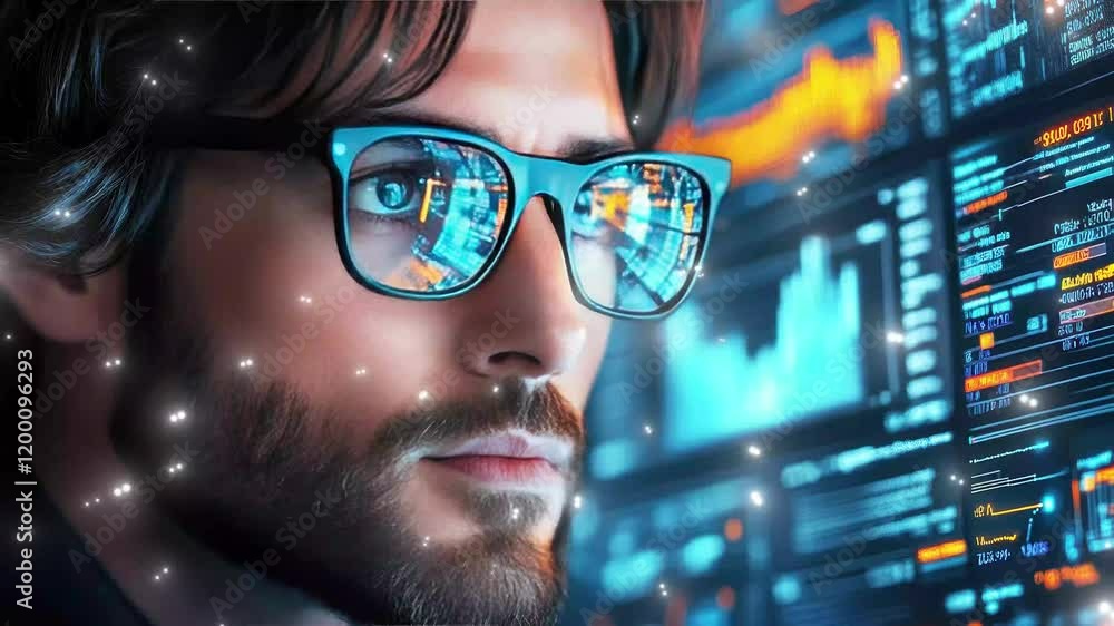 Focused data analyst reviews intricate digital dashboards and analytics ...