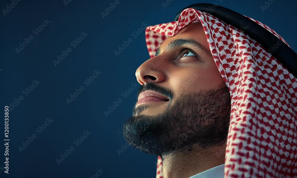 Zoom in to Saudi man looking up with proud and smile, wearing saudi ...