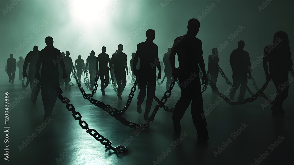 Chained figures walking in darkness; oppression concept ภาพถ่ายสต็อก ...