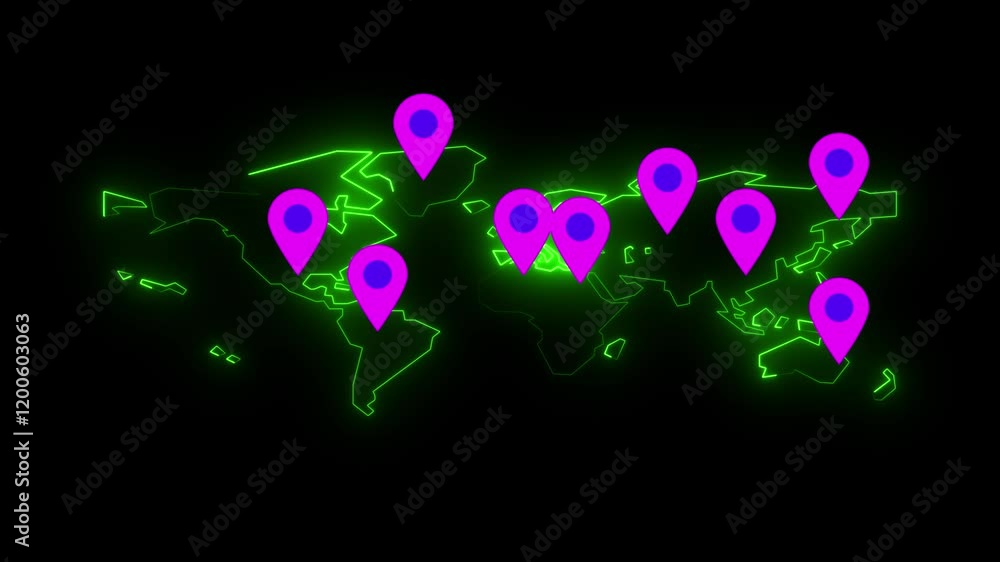 Abstract neon world map animation with location pointers.World map with ...