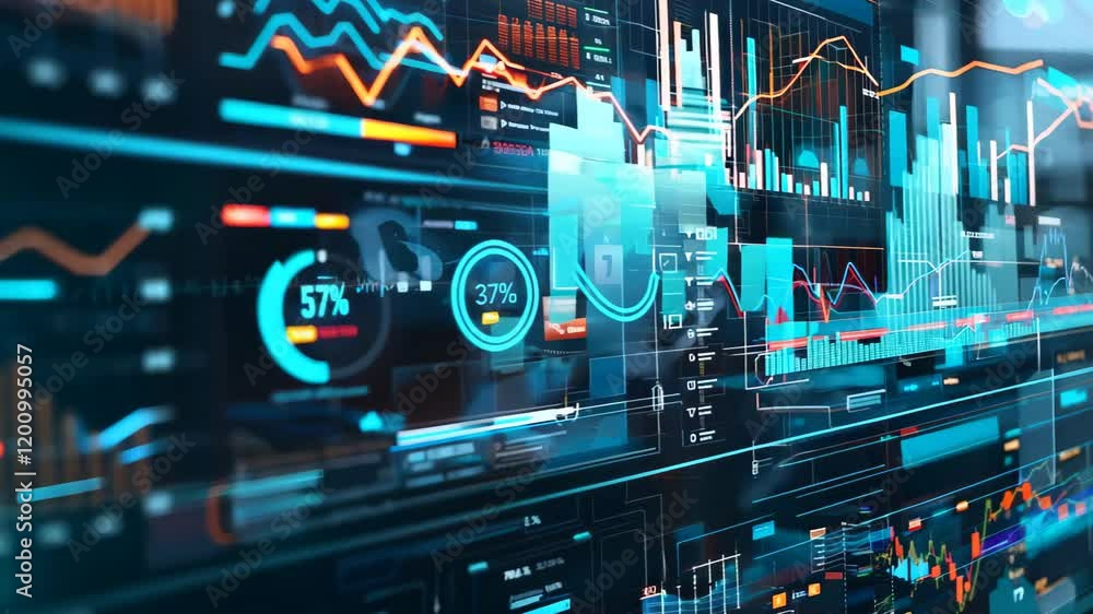 High-tech digital dashboard features dynamic line graphs, bar charts ...