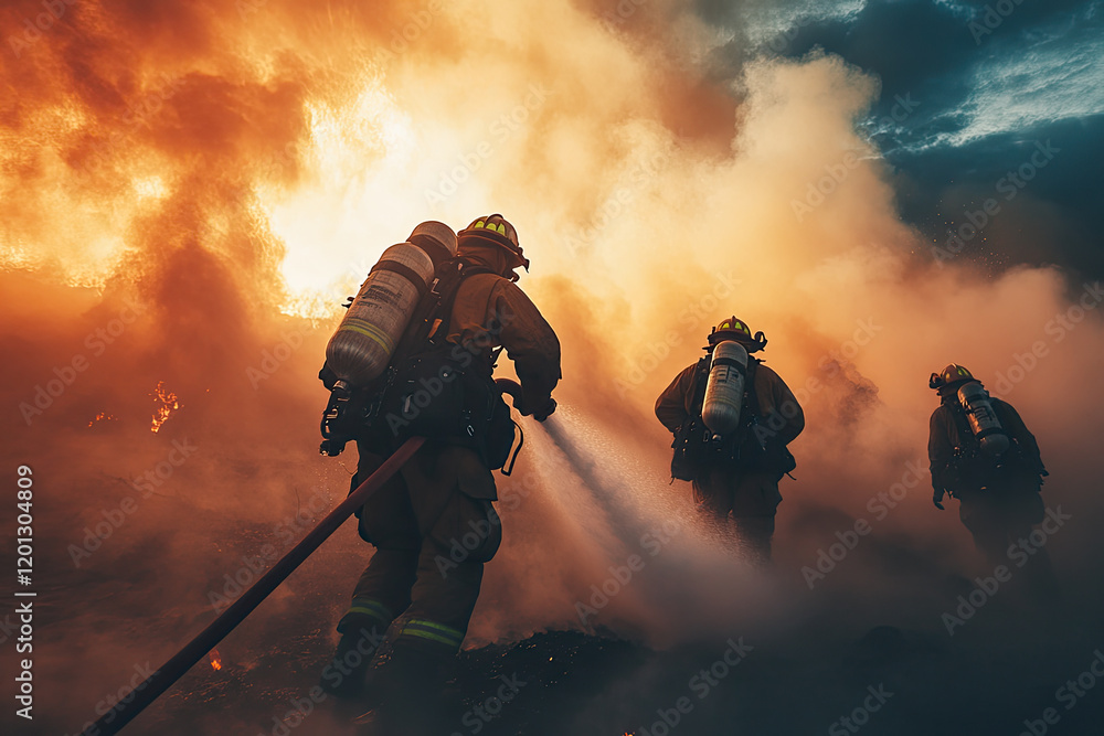 Poster A determined firefighter standing at the edge of a blazing ...