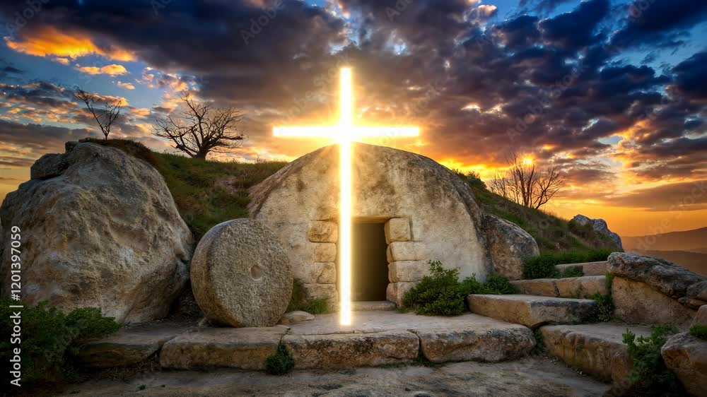 Empty tomb of Jesus Christ illuminated by rays of setting sun, Easter ...
