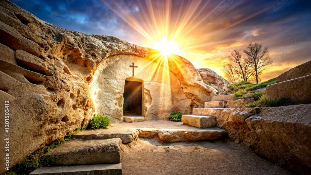 Empty tomb of Jesus Christ illuminated by rays of setting sun, Easter ...