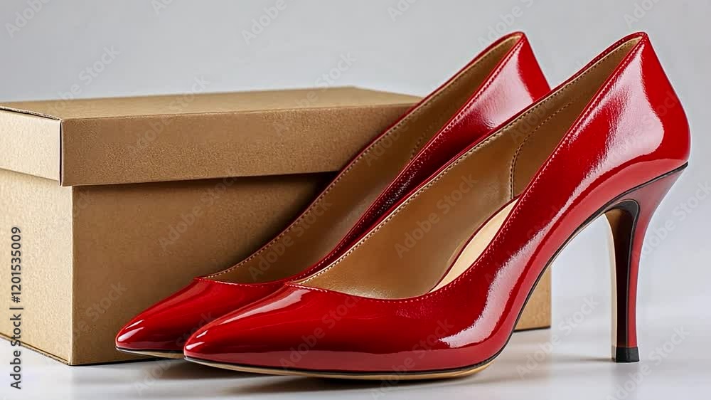 These elegant red high heels are showcased next to a brown shoe box on ...