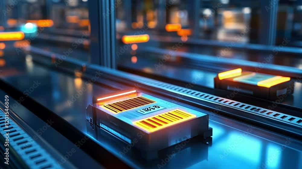 An intricate view of a scanning device reading barcodes on small ...