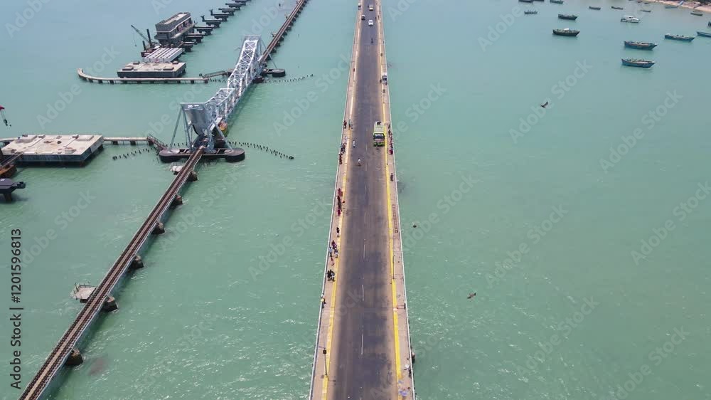 Aerial drone shot over the serene city of Rameshwaram, highlighting its ...