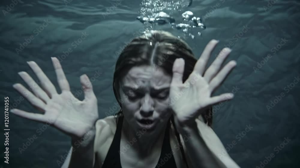 Underwater montage depicting young woman experiencing intense panic ...