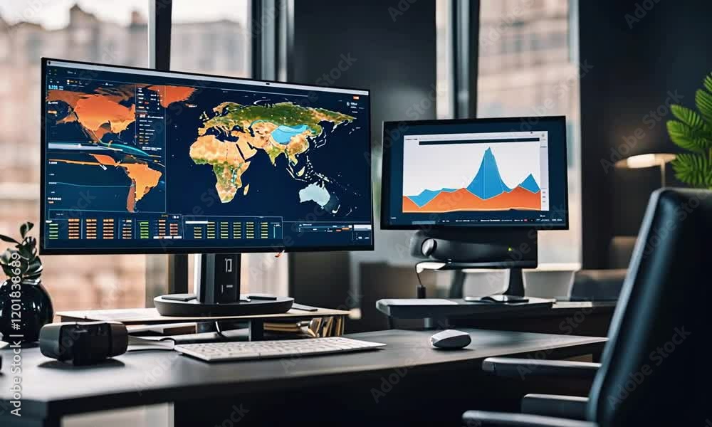 A modern trading desk setup with multiple computer monitors displaying ...