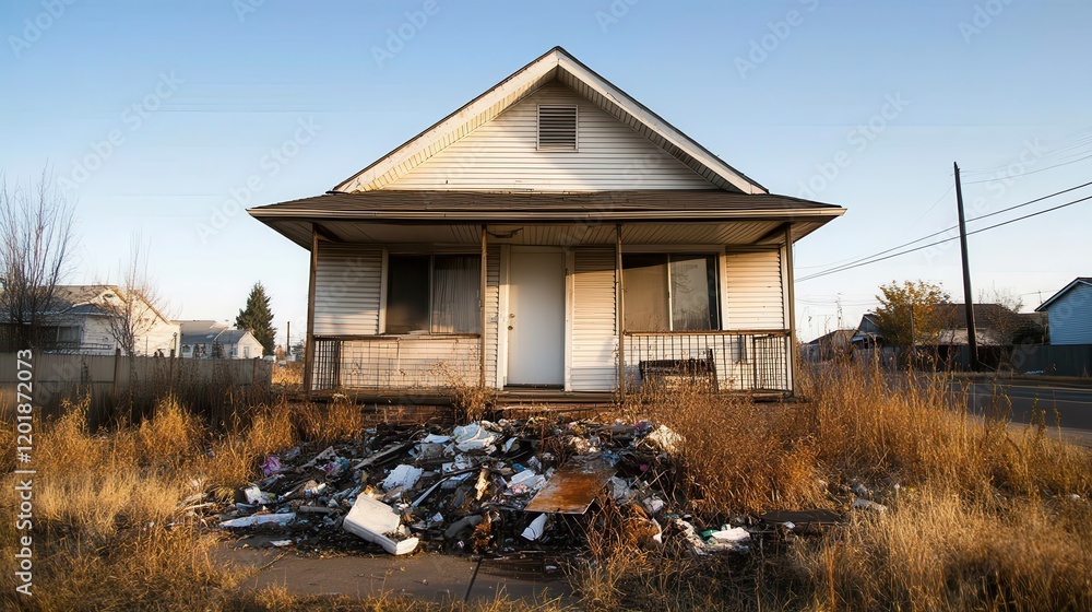 Fotografía A neglected house exterior with an unsightly pile of garbage ...