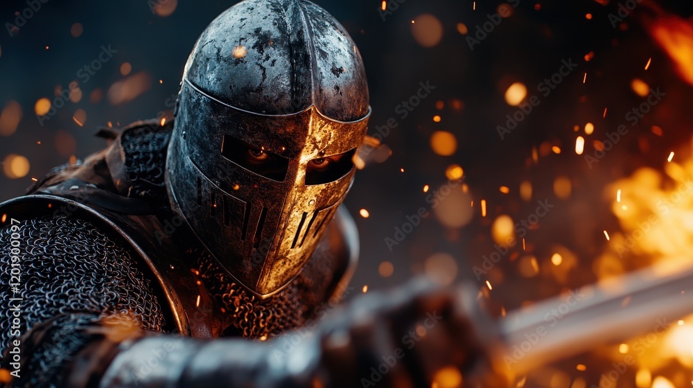 Poster An armored knight stands poised for battle amidst swirling fiery ...
