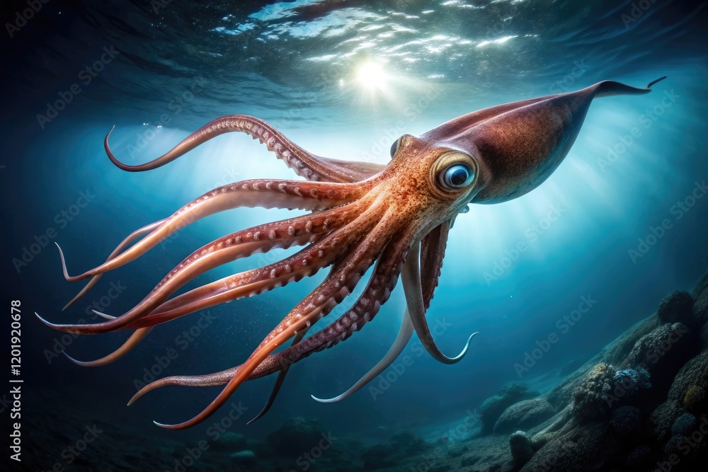 Photo & Art Print A giant squid lies hidden in the dark depths of the ...