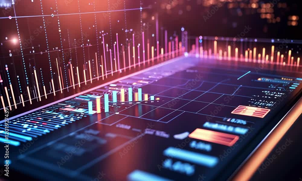 A holographic interface displaying multiple layered graphs, candlestick ...