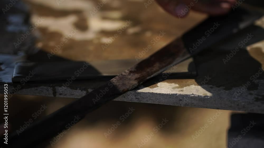 Sharp kitchen knife on sharpening stone in dramatic lighting. Stock ビデオ ...