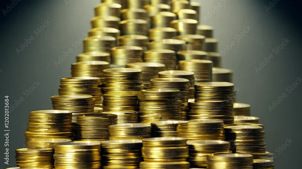 Tilt up video of a tower of gold coins stacked precariously on a rough ...