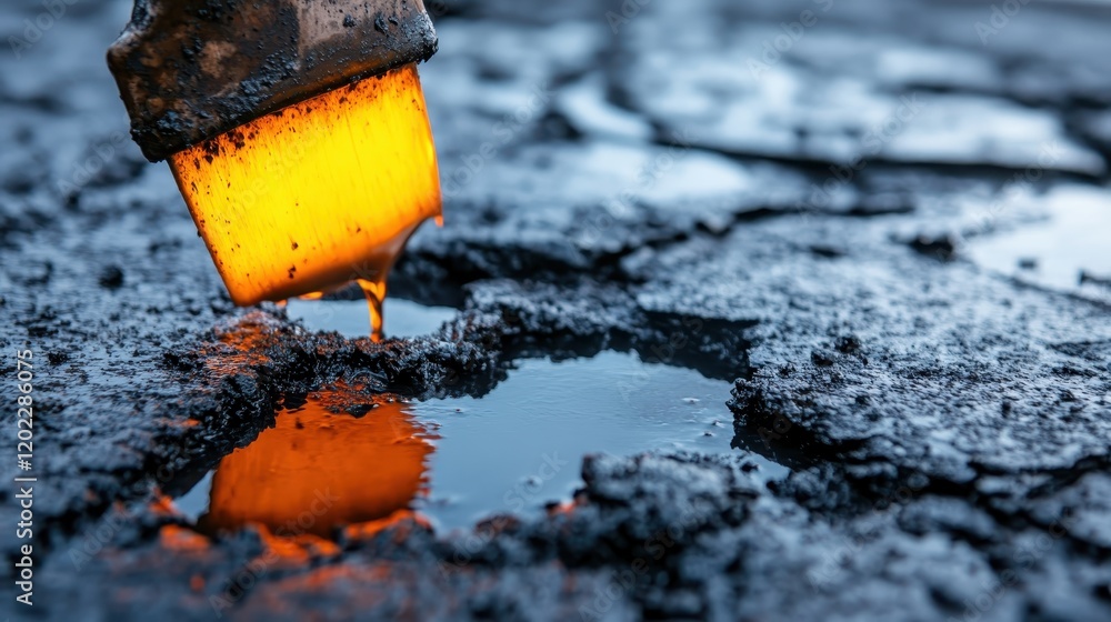 Poster A shovel coated with mud as it reflects a bright light in a ...
