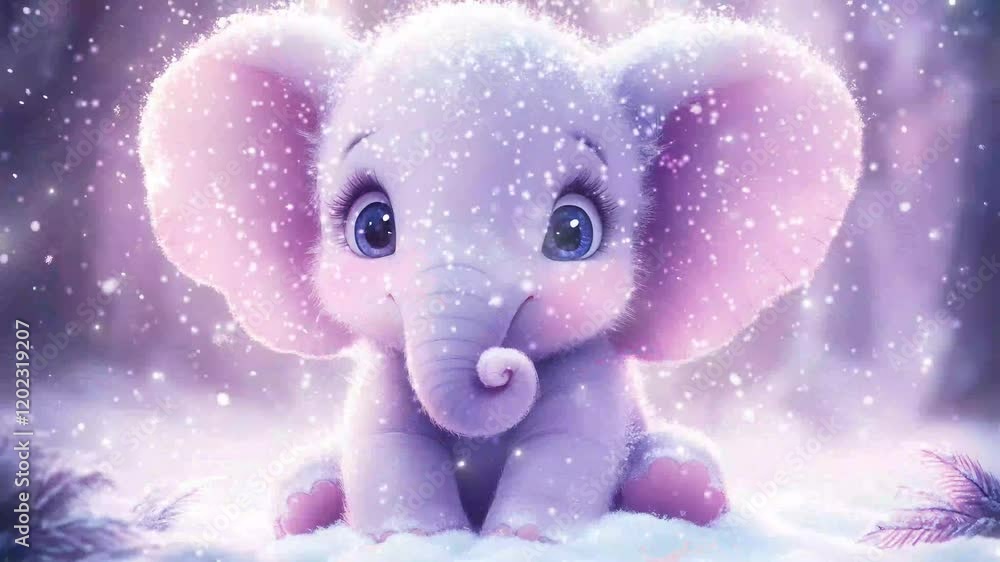 Soft lavender baby elephant enjoys playful moments in a snowy forest ...