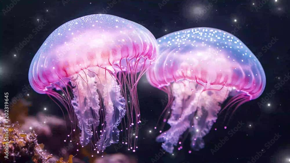 Two beautiful jellyfish float peacefully in tranquil ocean waters ...