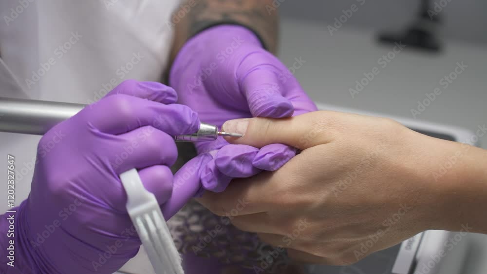 Nail technician using an electric file to shape and prepare a client ...