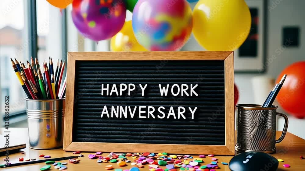 Celebratory Office Desk Decorated with Sign Happy Work Anniversary ...