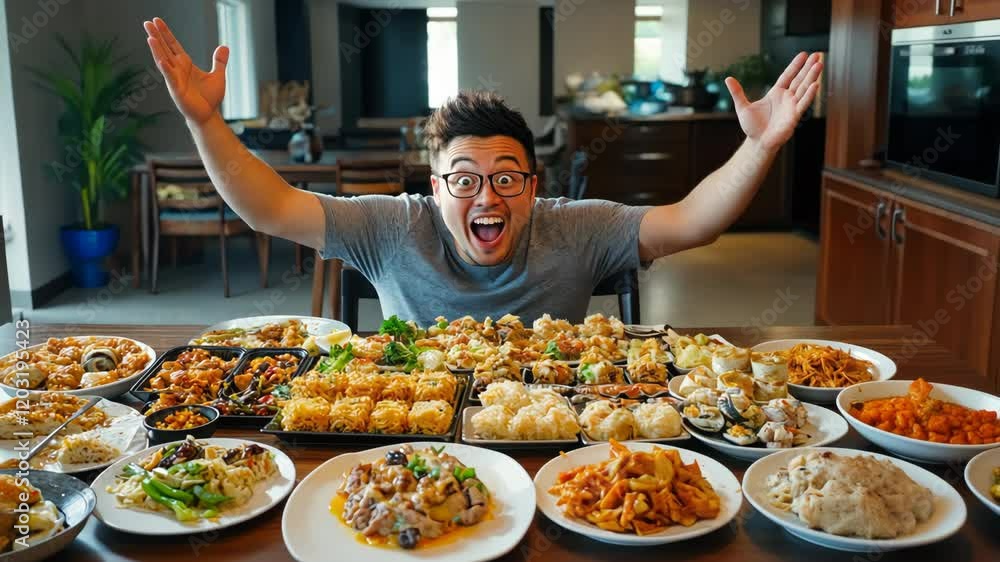 Happy excited Asian guy records mukbang. Vlogger shooting video of ...