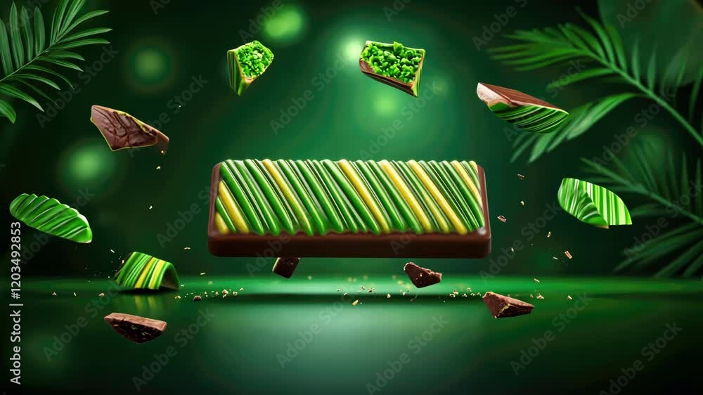 Floating chocolate bar with green filling and jungle background. Dubai ...