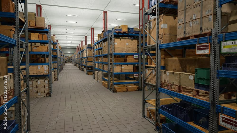 Industrial Warehouse Filled With Storage Boxes Labeled For Shipment ...