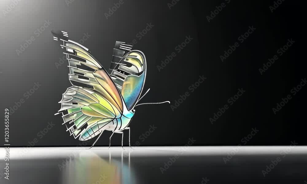 Digital butterfly with fragmented, pixelated wings on a dark black ...