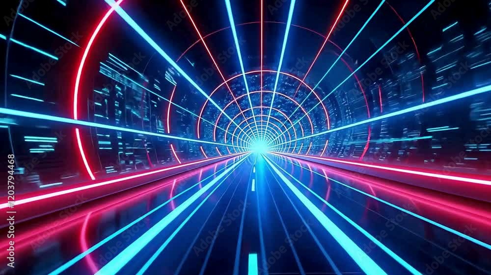 Fly through a vibrant tunnel of rotating neon lines in a blue, red, and pink spectrum. Perfect ...