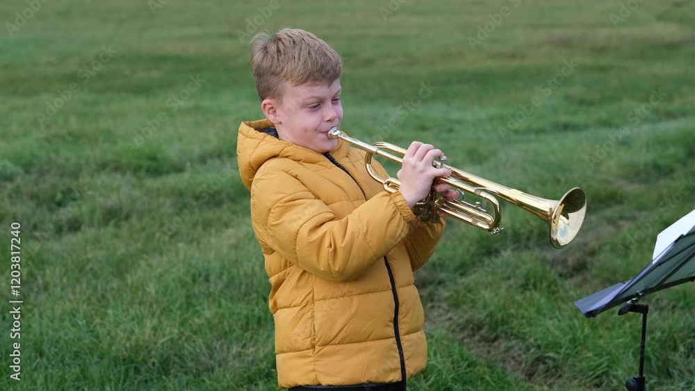A child skillfully playing the trumpet outside while surrounded by ...