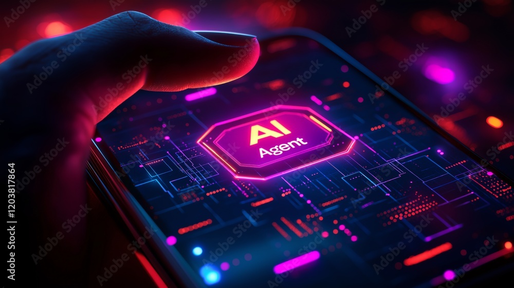 A glowing smartphone displaying the text AI agent highlighting ...
