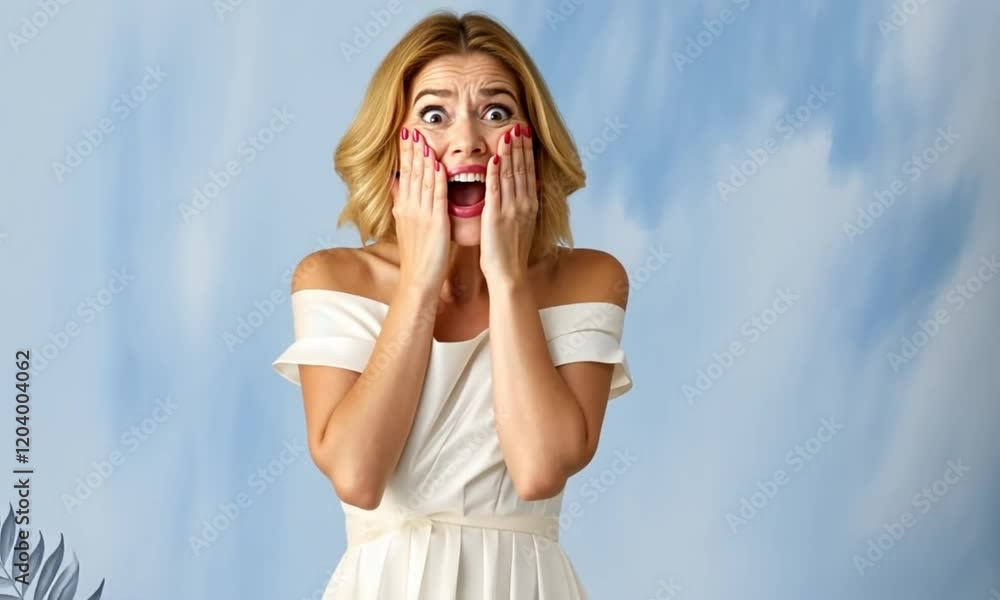 Shocked woman in a white off-shoulder dress holding her face with red ...