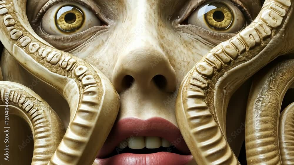 Intricate sculpture of a woman's face intertwined with serpentine forms ...