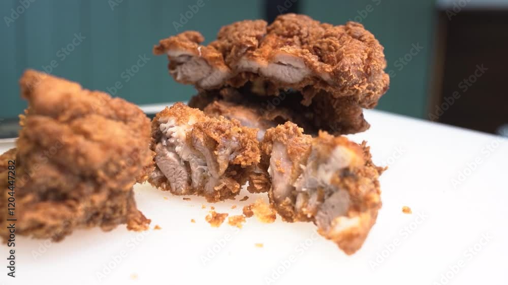 Cutting Korean fried chicken into half, showing white juicy meat inside ...