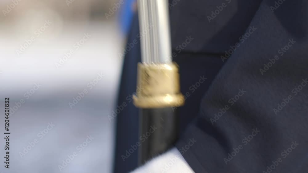 Sabre from sheath. Soldier dressed in a blue dress uniform and white ...