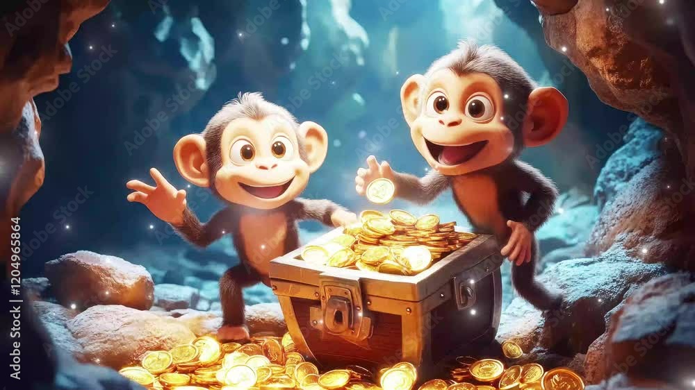 Two playful monkeys discover treasure in a magical underground cavern ...