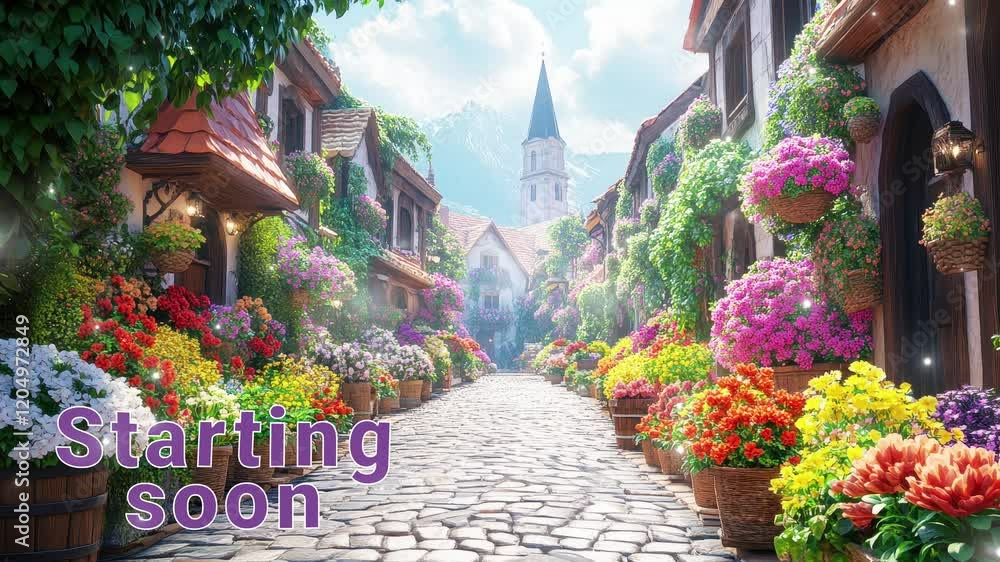 A vibrant village street bursting with colorful flowers and greenery ...