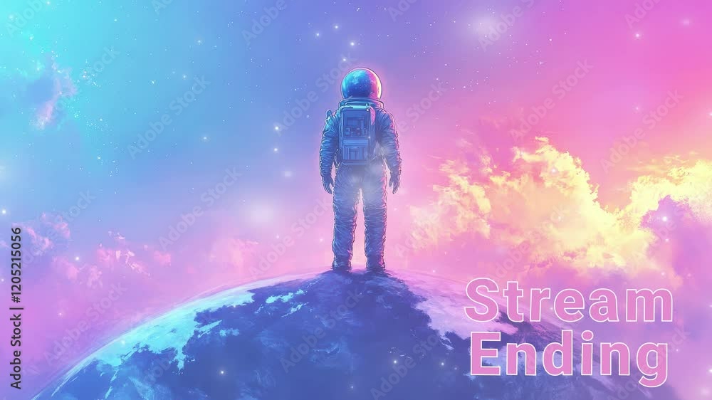 An astronaut stands on a colorful world, gazing into the universe ...